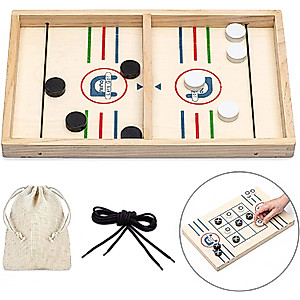 Niino 2 in 1 Fast Sling Puck and Tic Tac Toe Game Board | Tic Tac Toe Board and Family Wooden Hockey Game | String Puck | Gift for Adults & Kids Children | 20 Pucks with Storage Pouch (13 X 8 Inches)