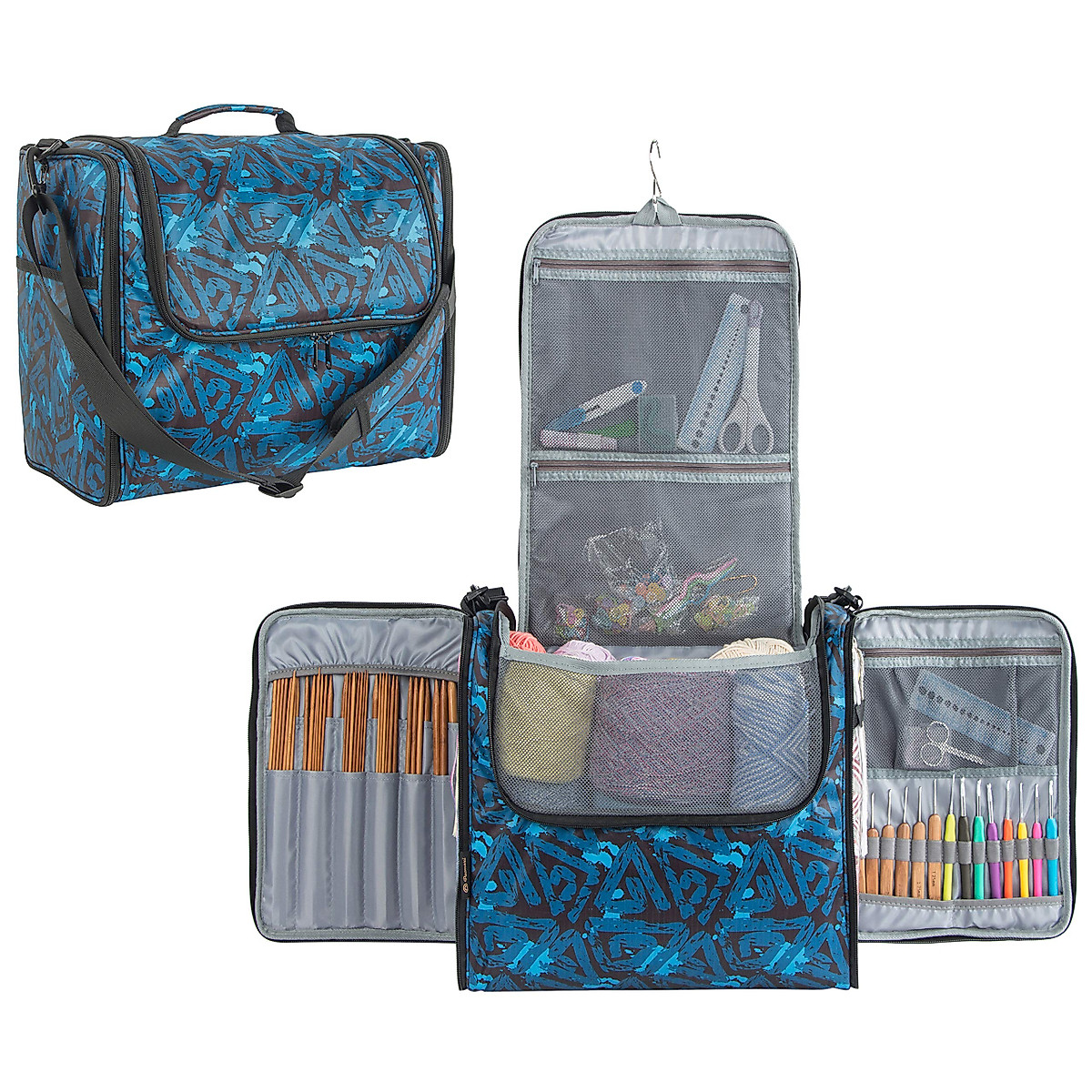 PACMAXI Yarn Storage Knitting Bag-High Capacity Portable Yarn Tote Storage Organizer with Shoulder Strap and Hook for Cotton Yarns, Crochet Hooks, Knitting Needles(Up to 10 Inch) (Blue（Large）)