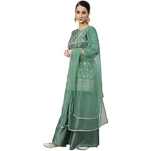 Janasya Indian Women's Mint Green Chinon Foil Print Kurta with Flared Palazzo and Dupatta(SET530-KR-PP-A-XXL)