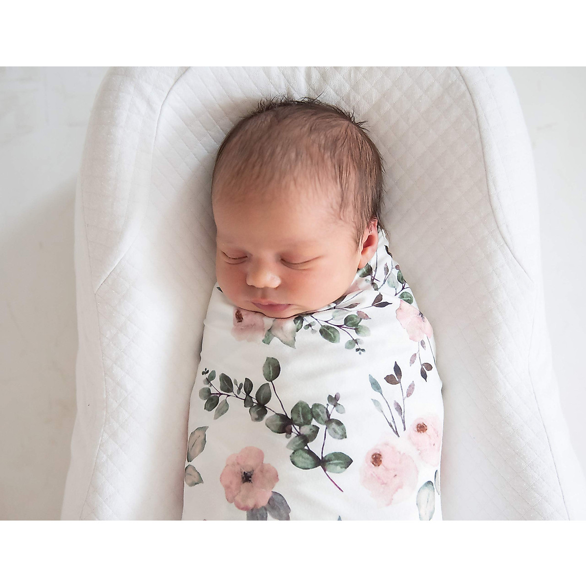 Giggle Angel Baby Receiving Blanket Swaddle Blanket Infant Wrap Pink Floral Pattern with Matching Bowtie (White)