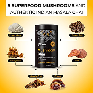 Inner Elevate Mushroom Chai - Ultimate Coffee Alternative - Adaptogenic Mushroom Tea Drink with Lion's Mane, Cordyceps, Chaga, Reishi, Turkey Tail (30 Servings)