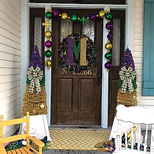 Estivaux 2 Pieces Mardi Gras Bows for Wreath, Mardi Gras Wreath Bows Glitter Green Purple Gold Stripe Bows Fat Tuesday Bows Bows for Front Door Mardi Gras Masquerade Party Decorations