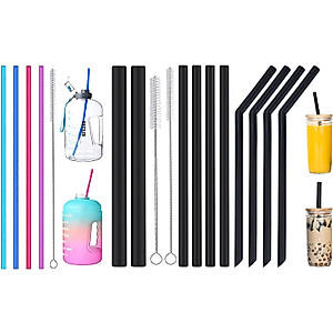 ALINK 15 inch Extra Long Silicone Straws + 2 Black Silicone Boba Straws 8 Smoothie Straws