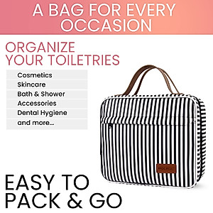 WDLHQC Hanging Travel Toiletry Bag with Hook | Water Proof Zip Bag with 4 Compartments + 2 Outer Zip Pockets | Cosmetic Travel Bag for Toiletries | Travel Essentials for Women & Men (Black Stripe)