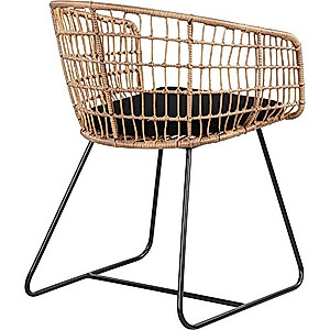 Tommy Hilfiger Graham Rattan Dining Chair, Woven Wicker Armchair with Seat Cushion Black Durable Metal Legs, Boho Modern Accent Lounge Furniture, Natural