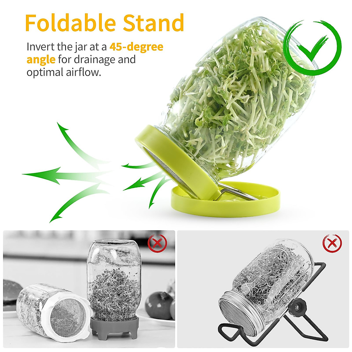 Sprouting Lid, Plastic Mesh Screen Cover Cap with Draining Stand and Tray, Germination Kit Sprouter Maker for Wide Mouth Jars, Grow Bean Sprouts, Broccoli Seeds, Alfalfa, Salad Greens