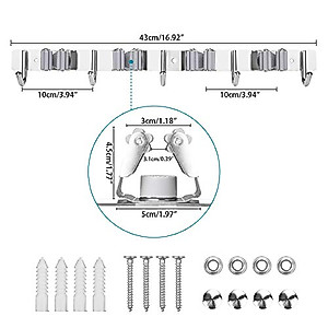SHYOSUCCE Mop Broom Holder Wall Mount with 4 Racks and 5 Hooks, 304 Stainless Steel Broom Organizer for Garden Garage Kitchen Bathroom (Gray)