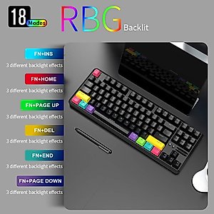 NACODEX K870T TKL Wired/Wireles RGB Mechanical Keyboard | Tenkeyless Bluetooth Keyboard with Volume Wheel Design | 10PCS Mixed Color Keycaps, Up to 3 Devices for Office Gaming (Blue Switch)