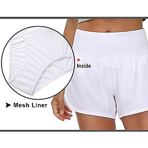 THE GYM PEOPLE Womens High Waisted Running Shorts Quick Dry Athletic Workout Shorts with Mesh Liner Zipper Pockets (White, Large)