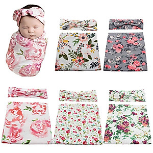 Infant Floral Swaddle Wrap with Headbands Hats Value Set Newborn Receiving Blanket Photography Props 35X35inch