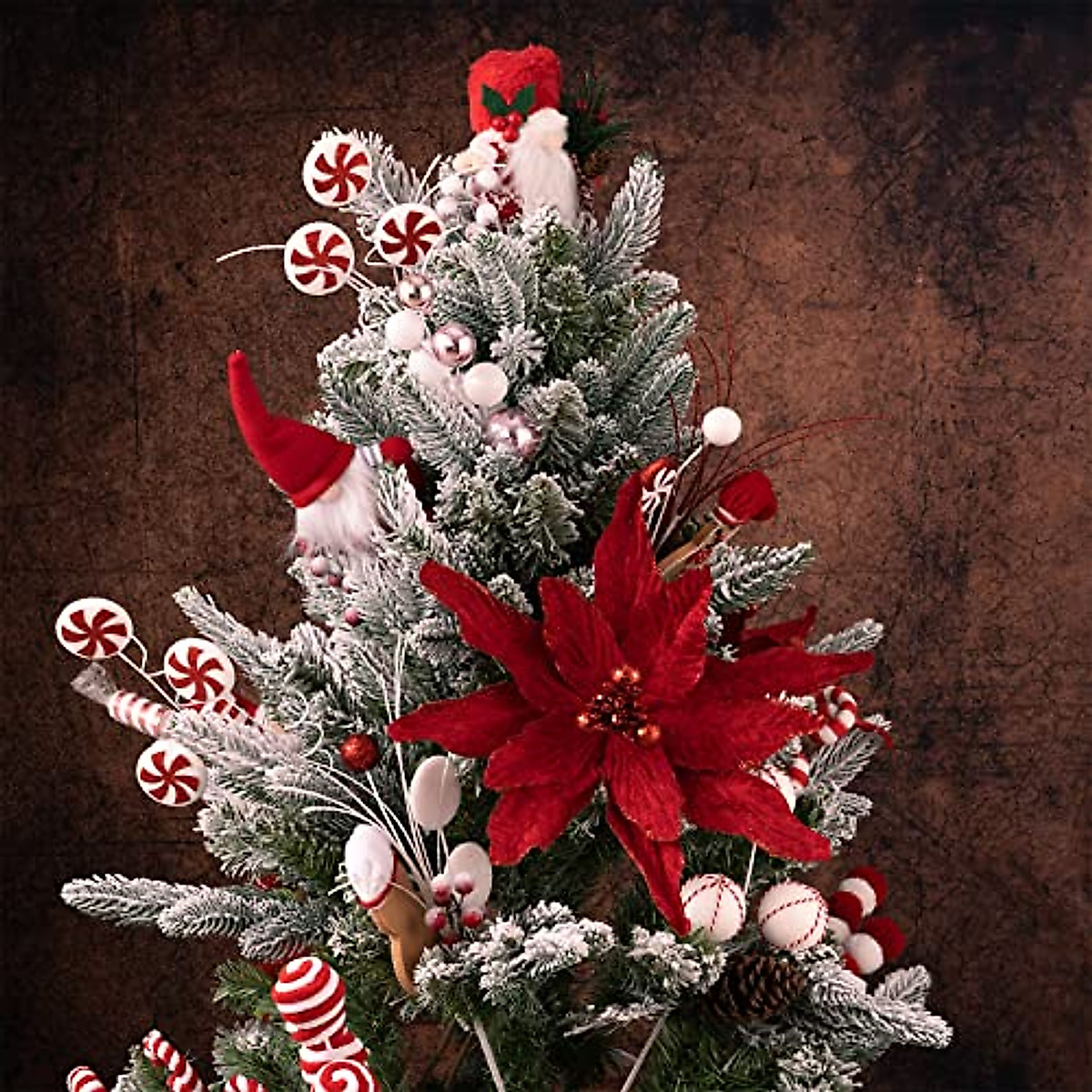 Wesail Christmas Tree Picks, Xmas Stem Red Poinsettia Flowers for Holiday Decorations, Buffalo Check Pattern Ornament for Xmas Tree Topper Decor, 4pcs per Pack