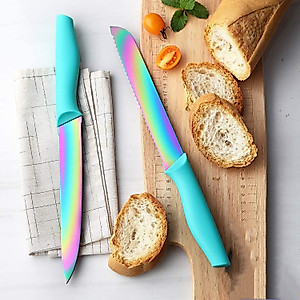 Knife Set, 18-Piece Rainbow Titanium Coating Cutlery Knives Block Set 14pcs Rainbow Titanium Stainless Steel Chef Knives, can opener , Acrylic Block Stand, Sharp Scissors and Peeler (Teal)