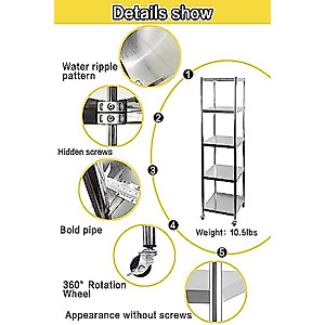 MAGG HEVI Stainless Steel Bathroom Storage Shelves 5-Tier Storage Shelves with Wheels Flower Plant Stand Heavy Duty Shelving,Metal Corner Shelf for Bathroom/Bedroom/Kitchen/Livingroom