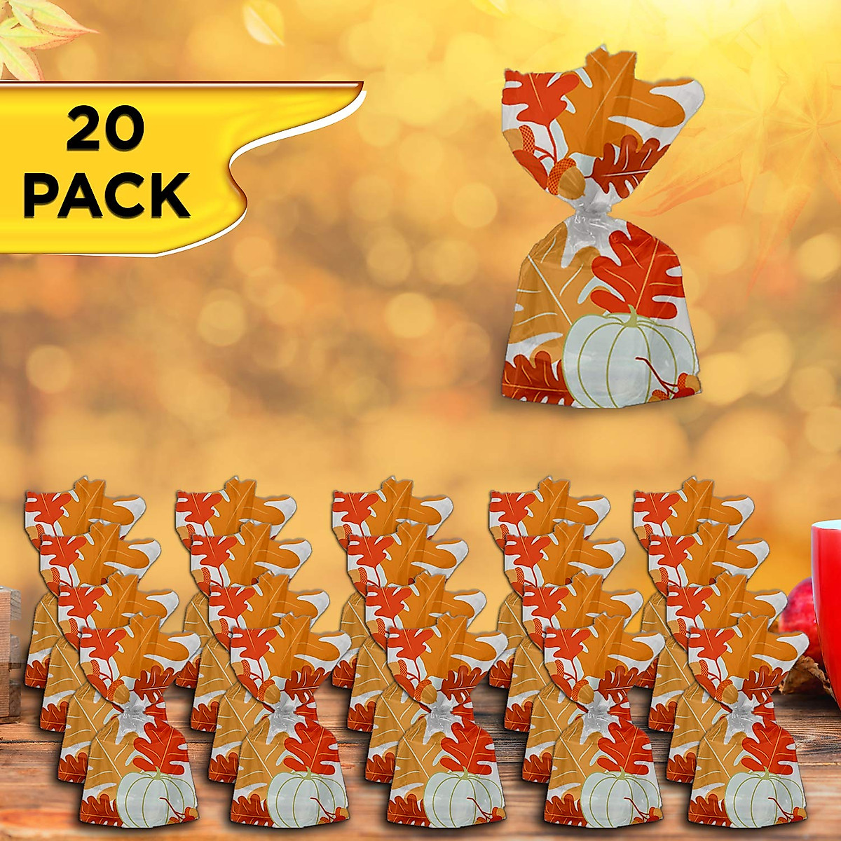 Unique Fall Leaves Cellophane Bags | 20 Count | Autumn, Fall, Thanksgiving and Halloween Party Favor Gift Bag