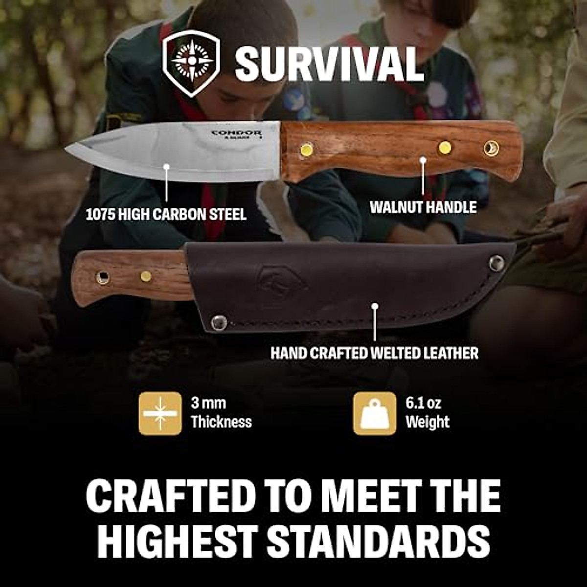 Condor Bushlore Knife | Bushcraft Knife | High Carbon Steel | Walnut Handle | Scandi Grind | Small Fixed Blade Knives | Hand Crafted Leather Sheath | Camp Knife | 3mm Thick | 4.3in Blade | 6.1oz