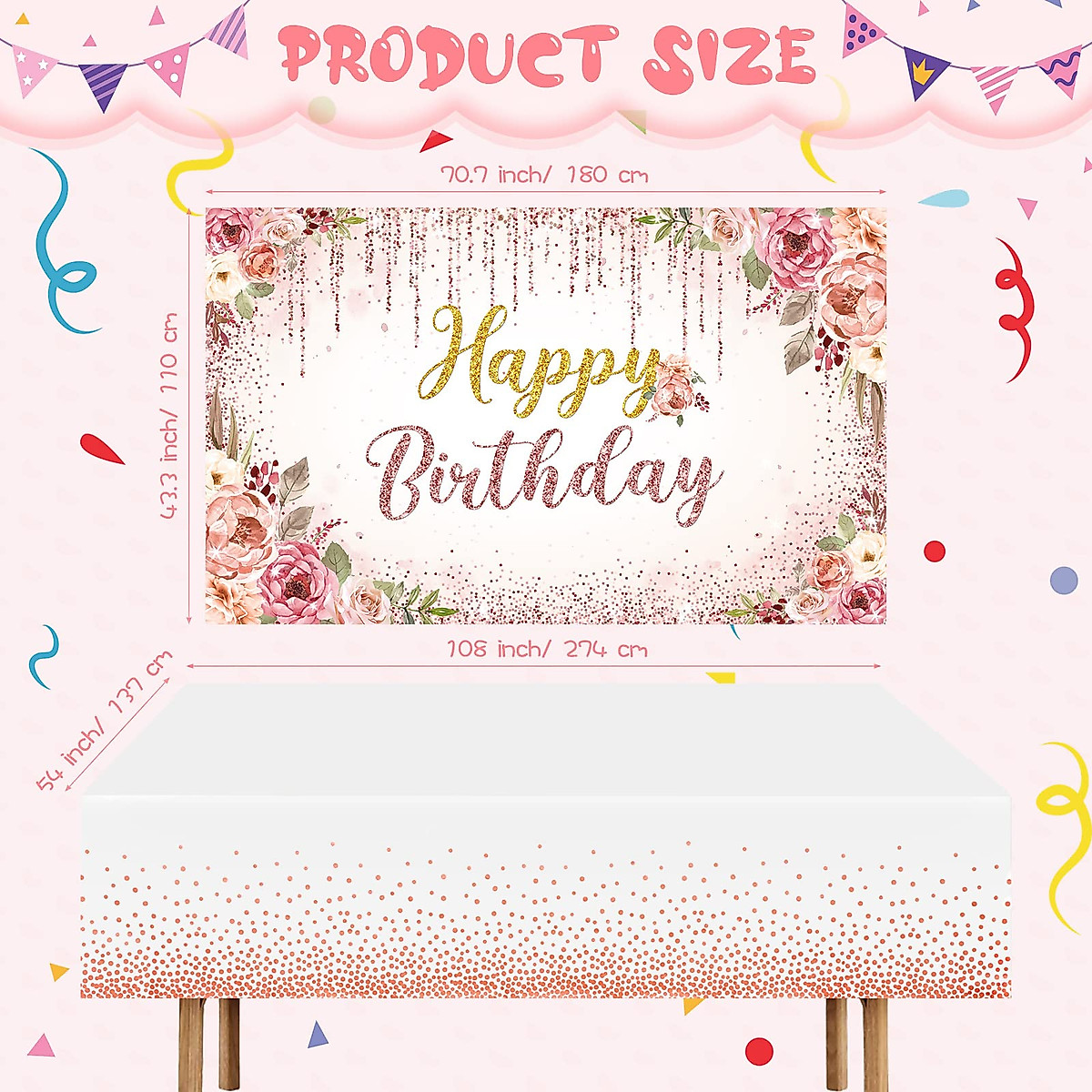 72 Pieces Birthday Decorations for Women Girls Included Backdrop Tablecloths Balloons Floral Garland Happy Birthday Party Supplies for Ladies Birthday Party Decor (Rose Gold)