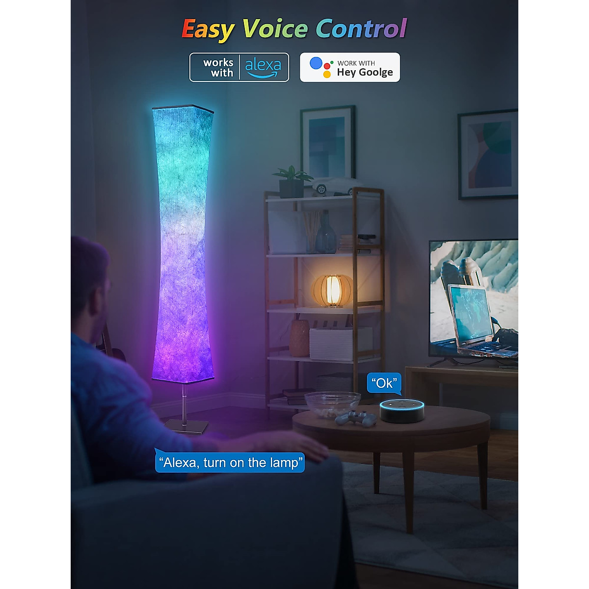 Torchlet RGB Led Smart Lamp Alexa APP Control, Color Changing Modern Floor Standing Lamp with DIY Mode, Music Sync and White Fabric Shade for Living Room Bedroom Game Room