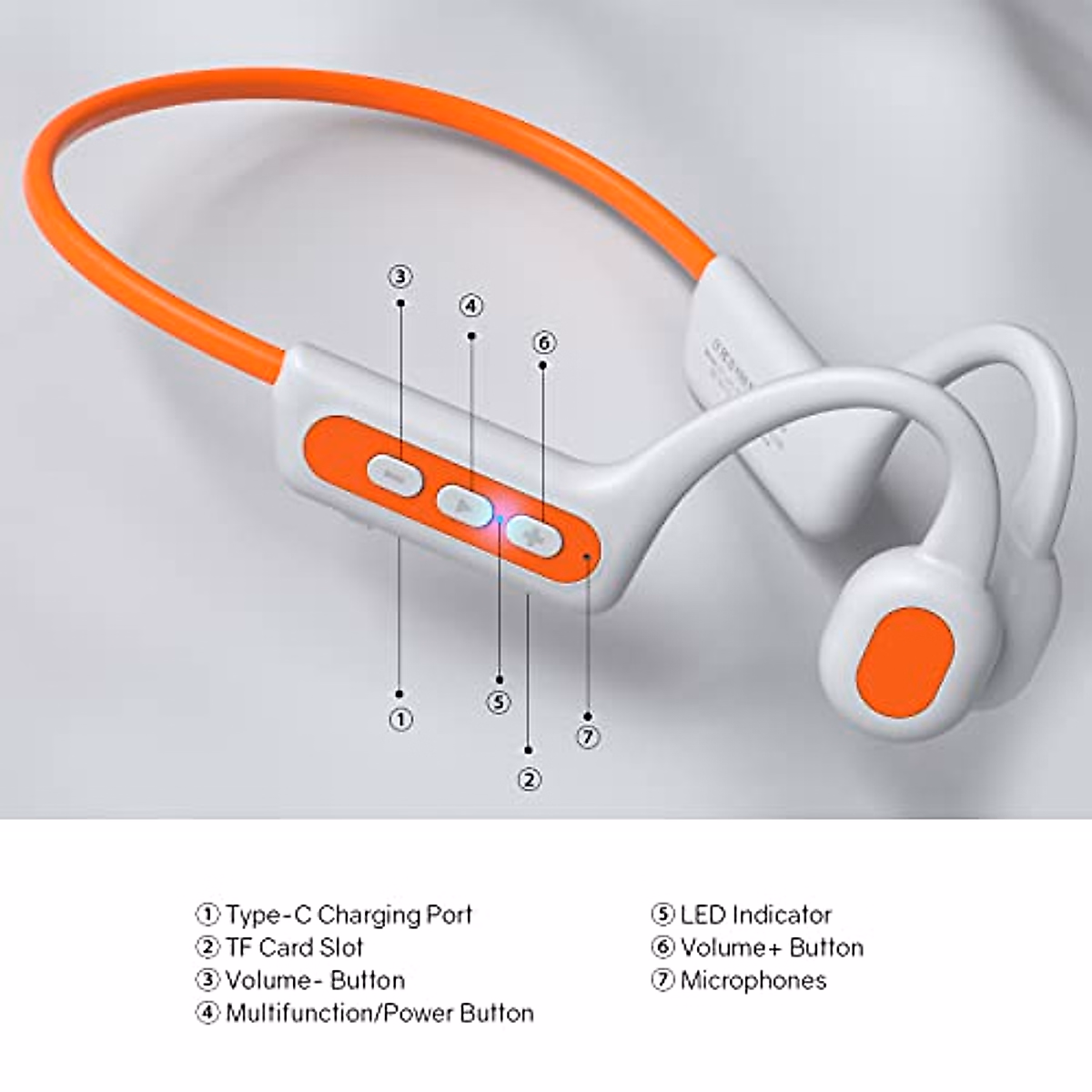 ELIBOM Bone Conduction Headphones Bluetooth 5.3, Extendable to 128GB MP3 Player, Wireless Open-Ear Headphones with Mic, Lightweight Sports Headset for Running/Cycling/Workouts/Climbing, Orange