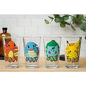 Silver Buffalo Pokemon Original Starters Charmander, Squirtle, Bulbasaur, and Pikachu 4pc. Pint Glass Set, 16 Ounces