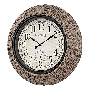La Crosse 433-3833 13-inch Weaver Indoor/Outdoor Rattan Analog Quartz Wall Clock, Brown
