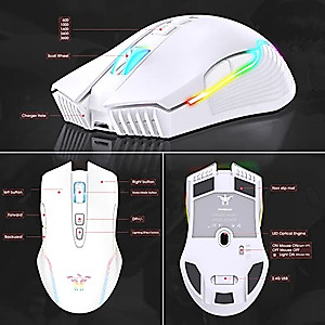 PHNIXGAM Rechargeable Wireless Gaming Mouse, Ergonomic RGB Computer Mouse with 2.4G Receiver, RGB Backlight, Adjustable DPI Up to 3600, 7 Buttons (Not Programmable) for Windows Vista Linux (White)