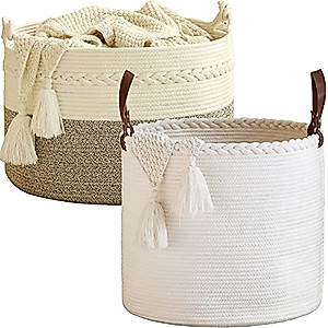 KAKAMAY Large Cotton Rope Blanket Basket (20"x13"),Woven Baby Laundry Hamper，Blanket Basket for Nursery, Laundry, Living Room, Pillows, Toys （White/Beige）