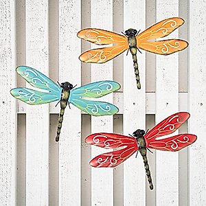 MEETYAMOR Dragonfly Outdoor Wall Decor, 3 Pack 15"x10" Metal Small Colorful Mexican Hanging Wings Accent Wall Art Gifts, Garden Fence Home Living Room Patio Yard Decoration for Outside