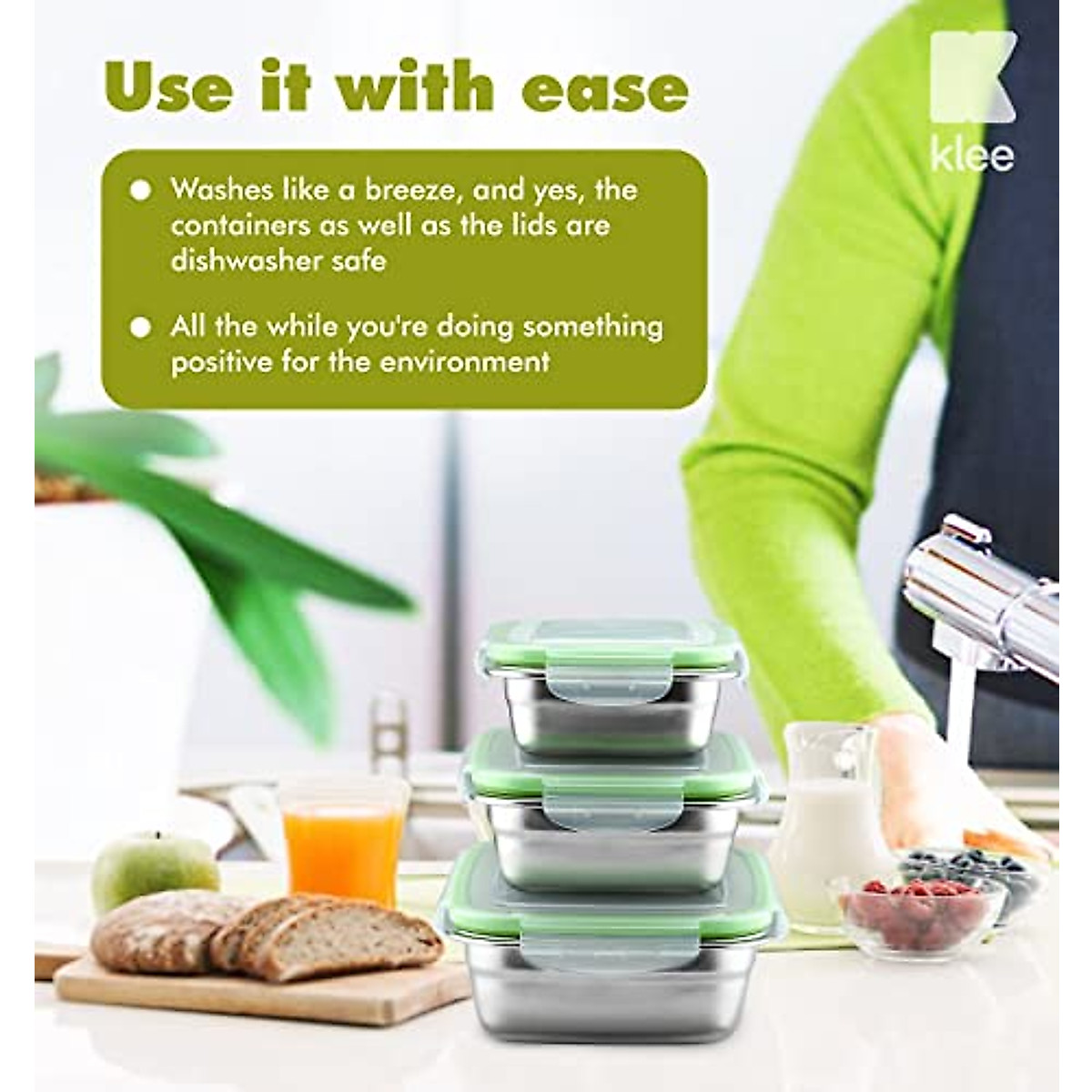 Klee Set of 3 Food Storage Containers with Airtight Lids (12oz,19oz, 28oz) - Premium 304 Stainless Steel Containers, Bento Boxes, Lunch Boxes, Meal Prep Containers for Kitchen, School, Office, Travel