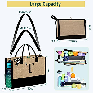 TOPEAST Initial Jute Tote Bag for Women Small Travel Makeup Bag, 21st 40th 50th Birthday Gifts for her New Mom Gifts, Personalized Wedding Gifts for Guests Bride Bridesmaid Gifts Letter J