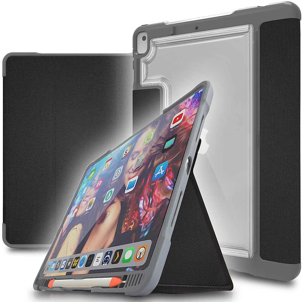 STM Dux Plus Duo Ultra-Protective Case for Apple iPad 9th/8th/7th Gen - Polycarbonate & Rubber Bracket, Clear Back, Water-Resistant, Magnetic Closure, Auto Wake/Sleep, Apple Pencil Holder - Black