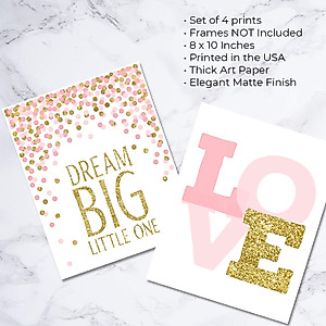 Pink & Gold Positve Affirmation 8x10 Wall Art Set of 4 Love Nursery Toddler Girls Room Decorations Dream Big (NOT Real Glitter)
