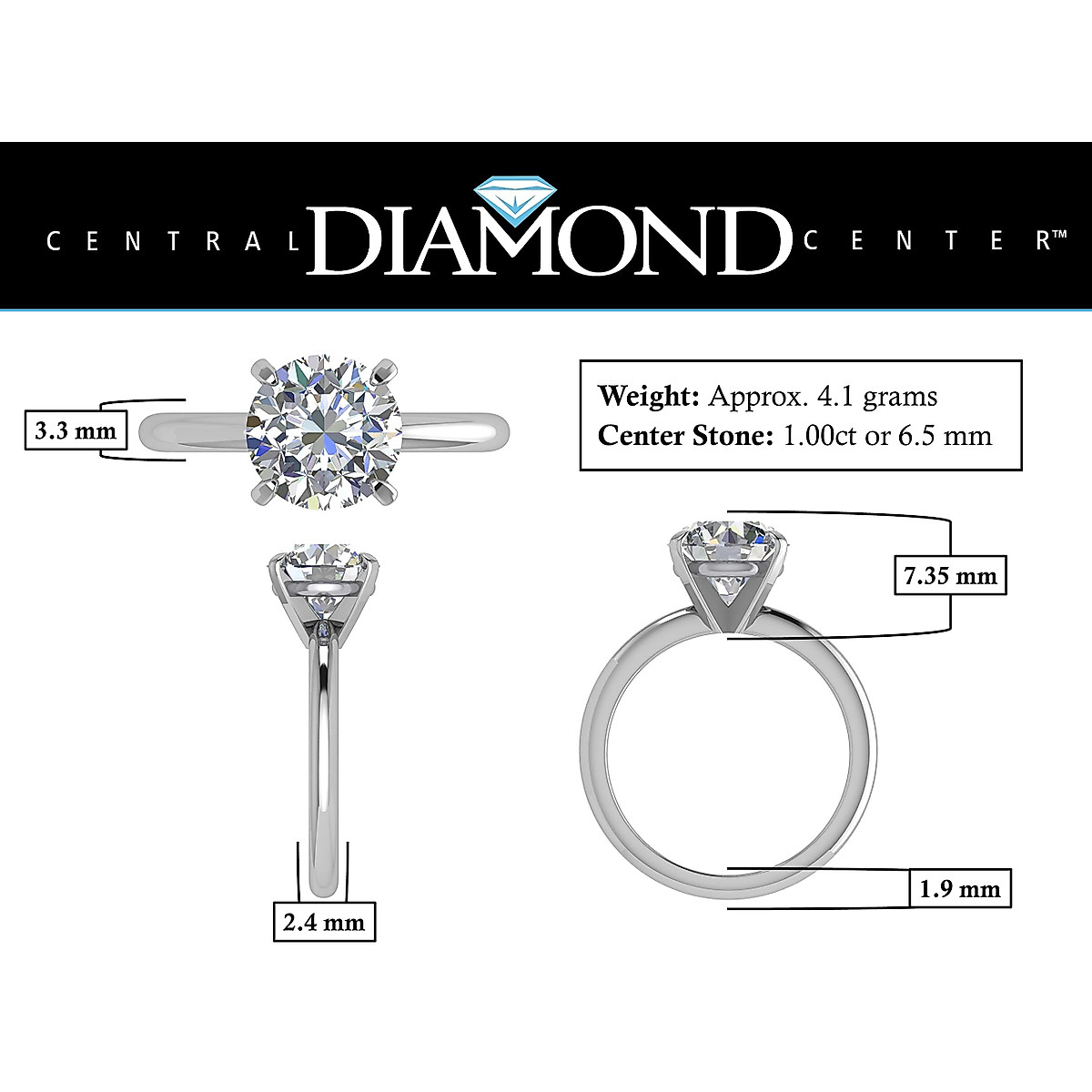 Central Diamond Center VOGUE 4 Prong Round Silver Solitaire Engagement Wedding Ring - 9mm (3.00ct) - Platinum Plated - Size 7