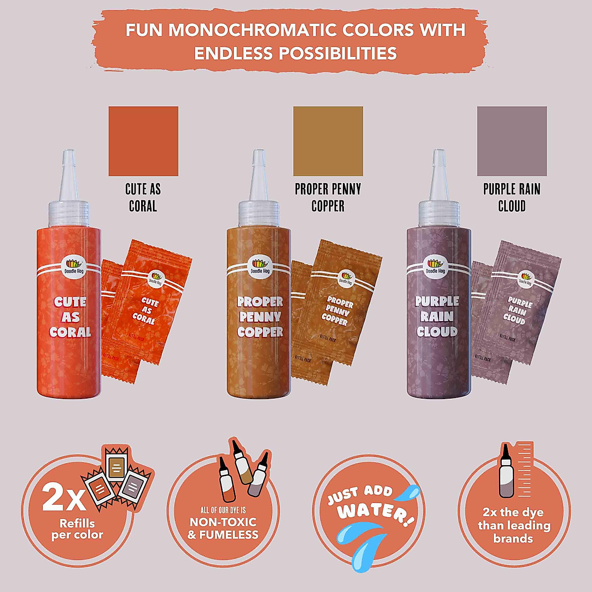 DOODLE HOG Coral, Orange, Purple Tie Dye Colors Tie Dye Kit – Custom Clothing Dye with 6 Refills for Summer Activities for Kids - Tie Dye Supplies with Aqua Tie Dye Techniques Guide DIY