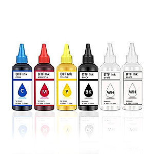 1DFAUL DTF Transfer Ink, DTF Ink Refill for Inkjet Printers Heat Transfer Film Printing, KCMY & White 6PCS Sets (100ML)