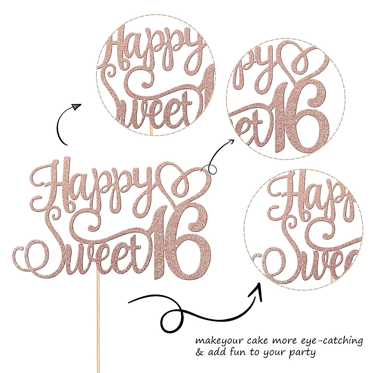 1 PCS Happy Sweet 16 Cake Topper Glitter 16th Birthday Cake Pick Cheers to 16 Years Birthday Cake Decoration for Happy 16th Birthday Anniversary Party Decorations Supplies Rose Gold