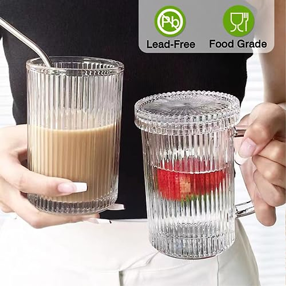 Qipecedm Clear Glass Coffee Mug with Lid, 13 oz Classic Vertical Stripes Coffee Cups, Premium Glass Tea Mug for Hot/Cold Beverages, Ribbed Drinking Glassware Set for Latte, Cappuccino, Tea and Juice