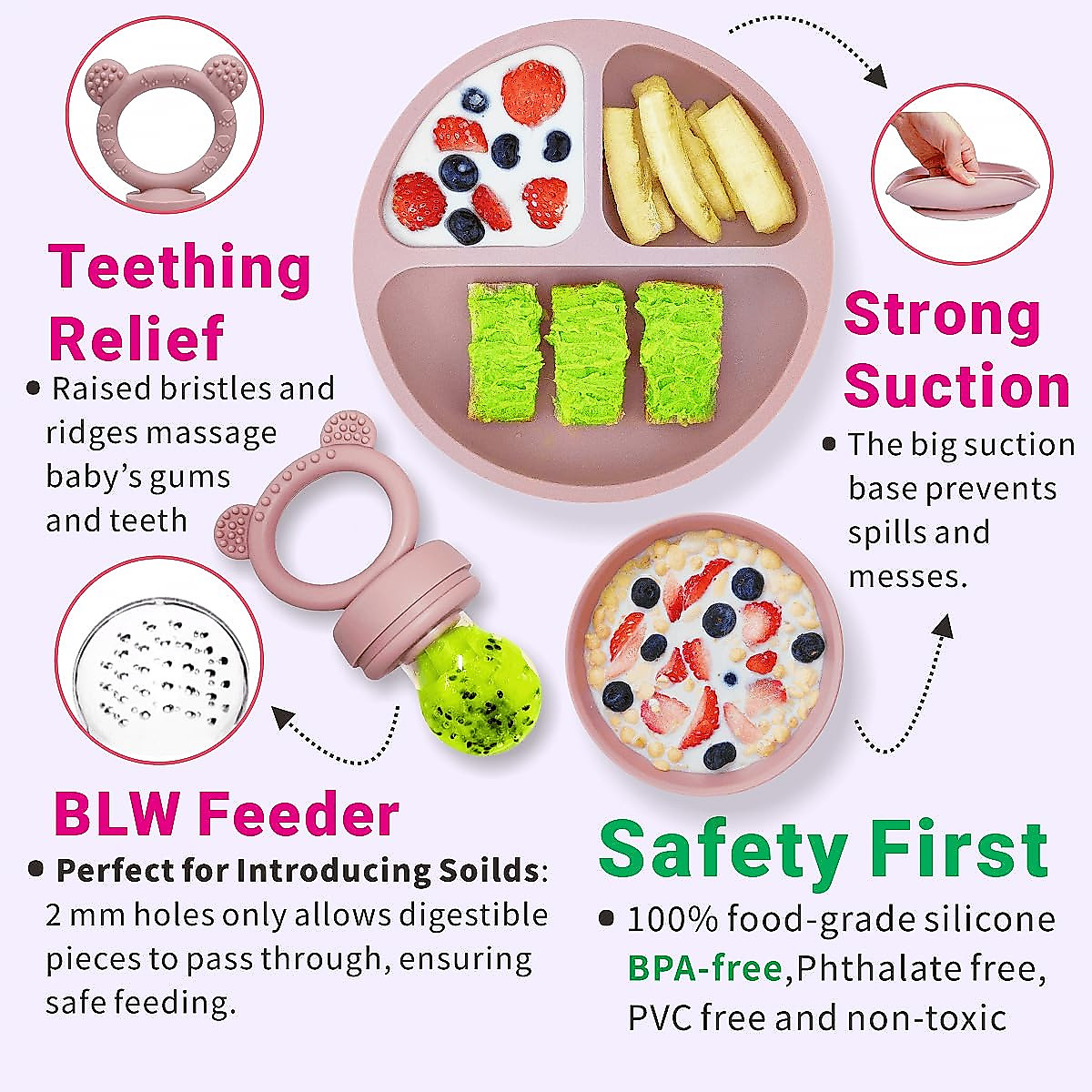 Remonda Baby Led Weaning Supplies | Silicone Baby Feeding Set Includes Suction Bowls and Plates, Baby Utensils Spoons and Forks,Cup for Toddler | Babies Eating Dishes Set 6-12 Months（Pink）