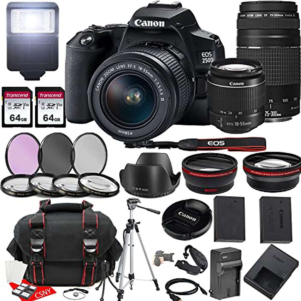 Canon EOS 250D (Rebel SL3) DSLR Camera w/18-55mm F/3.5-5.6 Zoom Lens + 75-300mm F/4-5.6 III Lens + 2X 64GB Memory + Hood + Case + Filters + Tripod + More (35pc Bundle)