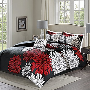 Comfort Spaces Enya Comforter Set-Modern Floral Design All Season Down Alternative Bedding, Matching Shams, Bedskirt, Decorative Pillows, Queen(90"x90"), Red/Black