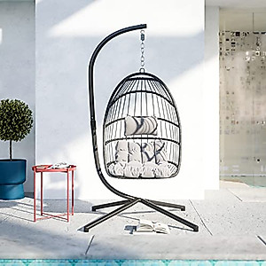 Flash Furniture SDA-AD608001-GY-GG Cleo Patio Hanging Egg Chair, Wicker Hammock with Soft Seat Cushions & Swing Stand, Indoor/Outdoor Cushions, Gray