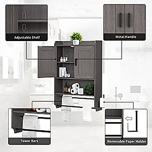 Liampoo Wood Bathroom Wall Cabinet, Medicine Cabinet Organizer with Doors and Adjustable Shelves, Over The Toilet Storage Cabinet with Towel Bar, Multipurpose Storage Cabinet for Bathroom, Living Room