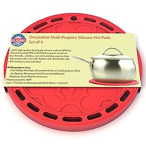 Silicone Hot Pads (Set of 4) - 6 in 1 Multi-Purpose Kitchen Tool, Pot Holder, Splatter Guard, Microwave Cover, Jar Opener, Decorative Trivet, Red, 8 Inches. Includes 121 Cooking Secrets Ebook