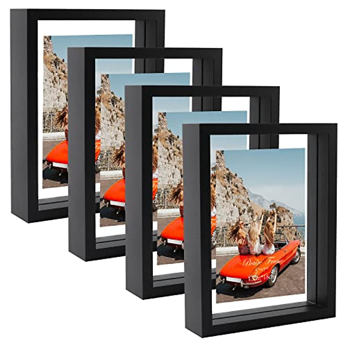 Trwcrt 5x7 Picture Frame Set of 4, Double Glass Floating Photo Frames Display up to 7 x 9 Photos for Desktop or Wall Hanging, Black
