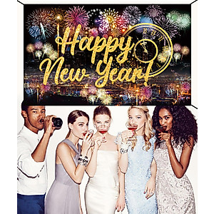 Famoby Happy New Year Fabric Sign Poster Backdrop with Fireworks for New Year Photo Booth Background Party Decoration
