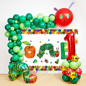 The Cute Hungry Caterpillar Birthday Banner Backdrop, one Year Old Cartoon Hungry Caterpillar Birthday Party Sign Supplies, Apple Sun Leaf Fruits ​Birthday Poster Background Photo Props Decoration