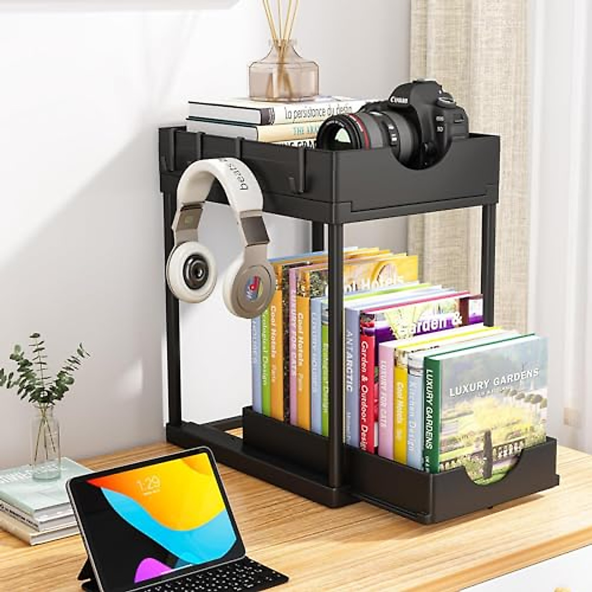 2 Pack Under Sink Organizer，Bathroom Cabinet Organizer, 2 Tier Sliding Cabinet Organizer Drawer with 8 Hooks Pull Out Cabinet Organizer Multi-Purpose Organizer for Bathroom Kitchen (Black x 2)