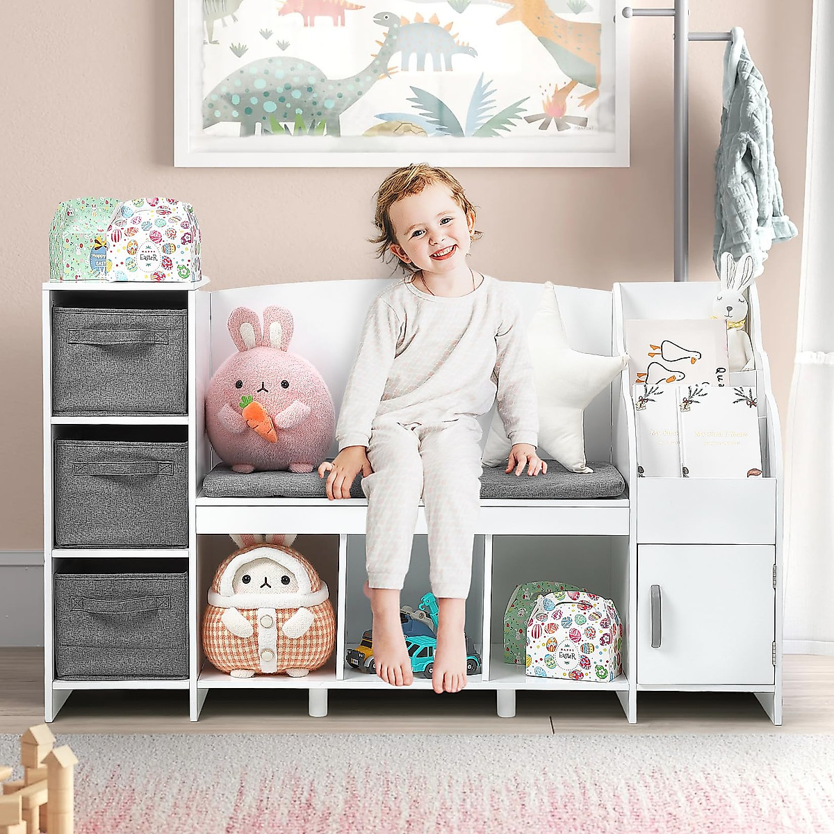 Kids Bookshelf with Reading Nook, Bookcase with Detachable Cushion ，Storage Organizer with Book Rack for Bedroom, Playroom, Gift for Boys and Girls, White