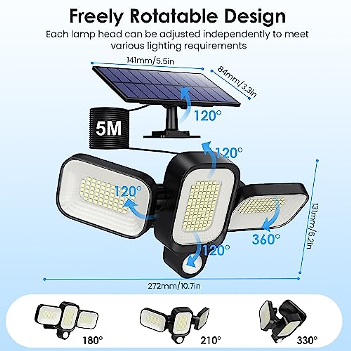 Solar Outdoor Lights, [2 Packs] 225 LED 3 Head Adjustable Motion Sensor Lights, 2500LM 330° Wide Angle Solar Flood Lights, IP65 Waterproof Wall Lamp Security Lights With 16.5Ft Cable for Garden Yard