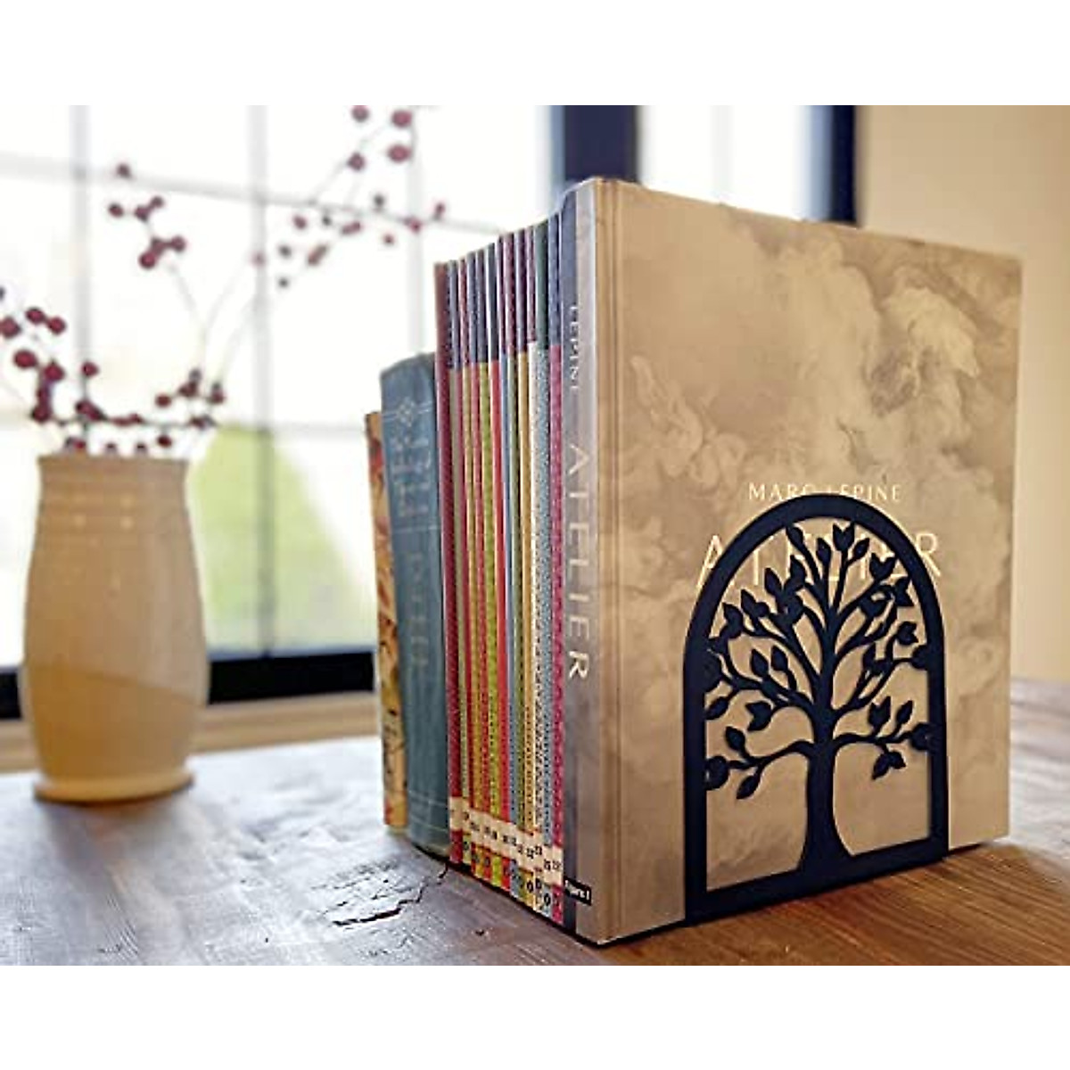 MAXFOUNDRY Bookends Pair - Book Ends to Hold Books, Tree of Life - Home, Office & Bookshelf Decorative Book Stopper - Rust-Proof Metal & Anti-Slip - Shelves Bookend Holder - Black