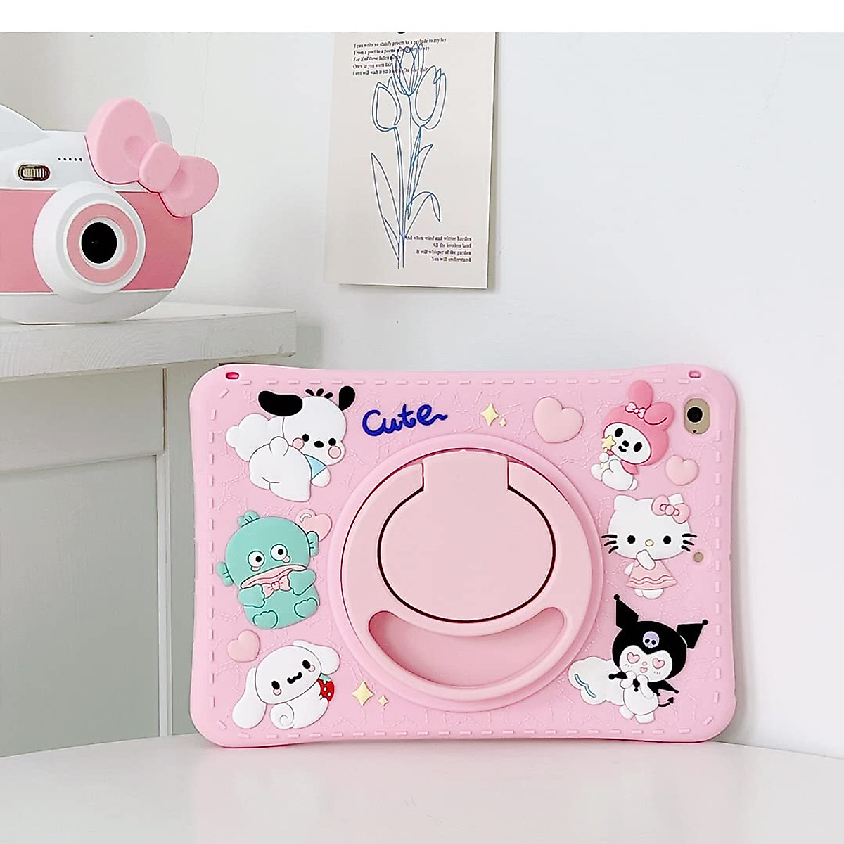 for iPad 9th/8th/7th Generation Case, iPad 10.2 Case 2021/2020/2019, with 360° Rotatable Kickstand Cute Cartoon Shockproof 10.2 Inch Silicone Case (Pink)